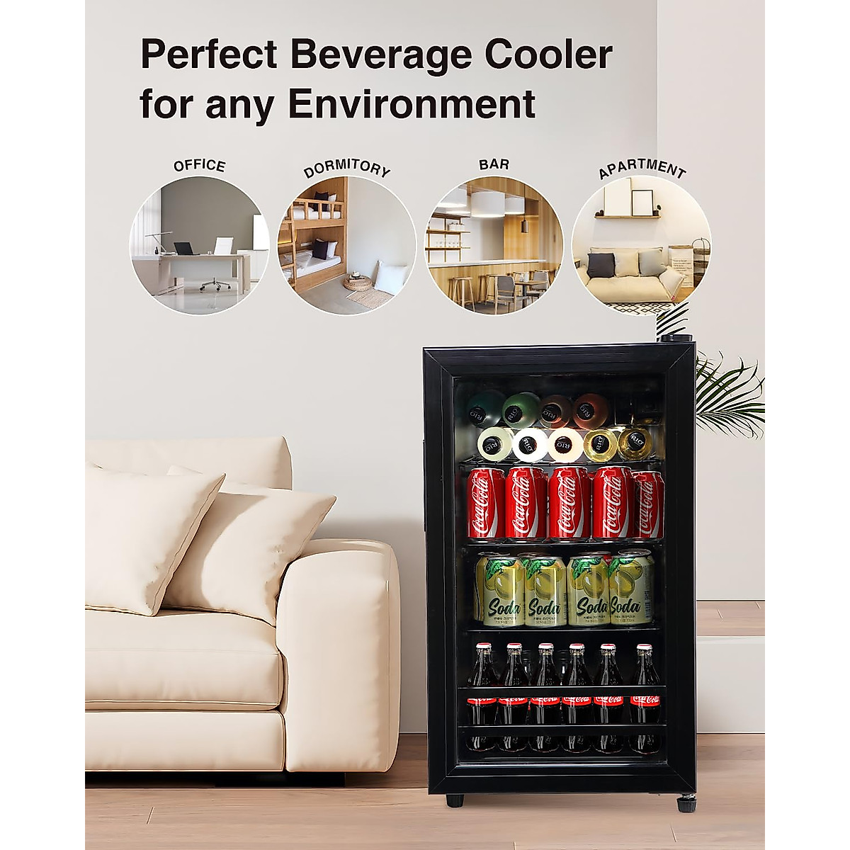 EUASOO FLB-60 Refrigerator Cooler-120 Can Freestanding Beverage Cooler with Glass Door-Small Drink Dispenser Machine for Office or Bar with Adjustable Removable Shelves, Black