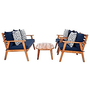 SAFAVIEH Outdoor Collection Deacon Acacia Wood Cushion 4-Piece Conversation Patio Set with Accent Pillows PAT7050E, Navy/Natural
