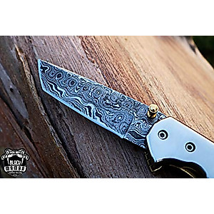 BLACK MAMBA KNIVES Damascus Pocket Knife with Clip, Folding Knife, Damascus Steel Folding Pocket Knife Folding Hunting Knife