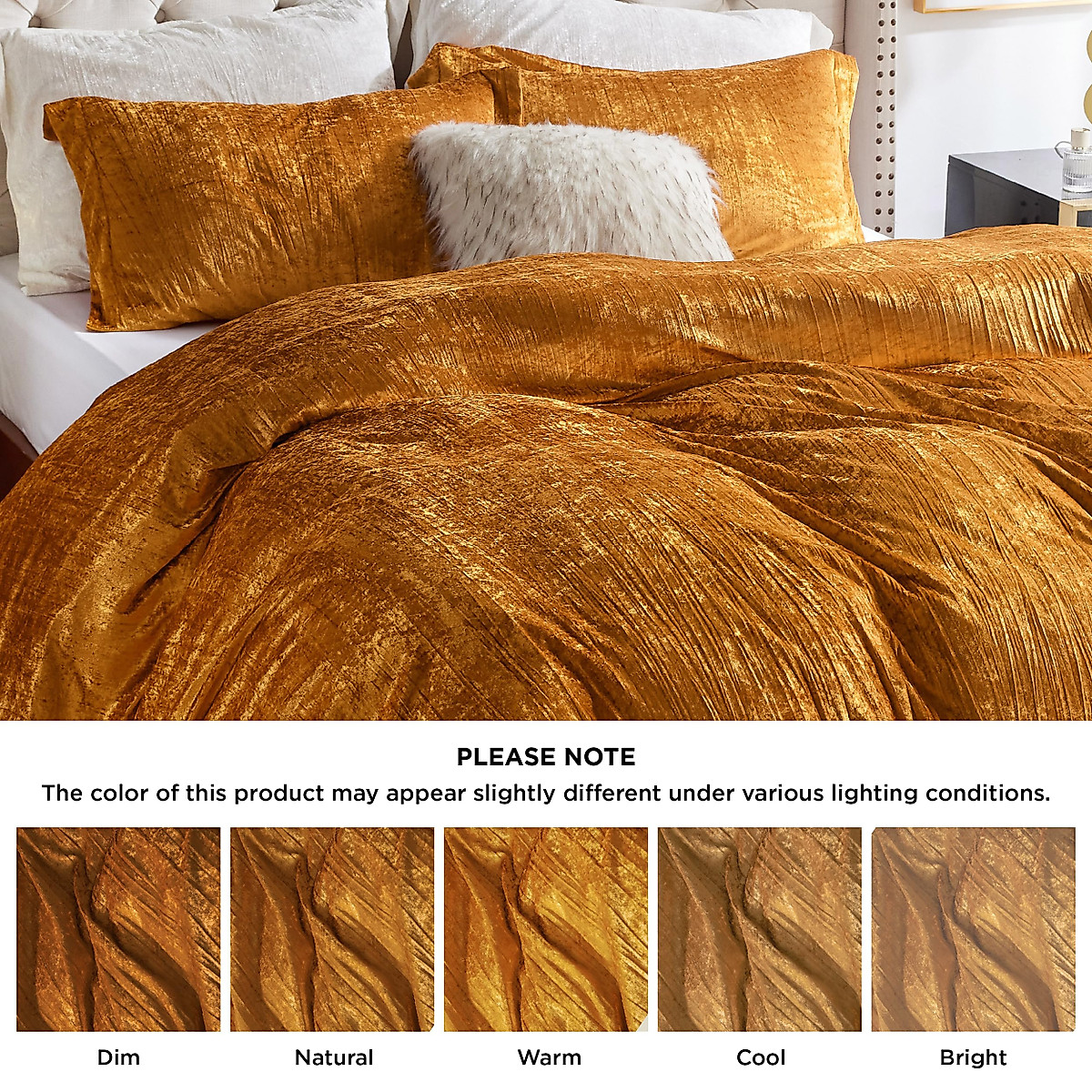 Bedsure Velvet Duvet Cover Set - Luxurious, Glossy Queen Duvet Cover Set, Honey Yellow Duvet Cover Queen with 2 Pillow Shams (Honey Yellow, Queen, 90 x 90 inches)