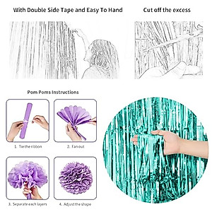 Mermaid Birthday Decorations Purple Teal Blue Party Balloons Happy Birthday Banner Dots Garland Purple Turquoise Green Fringe Curtain Pompom Swirls for Girl Women Birthday Baby Shower Party Decoration