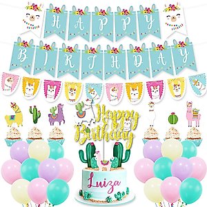 Llama Birthday Party Supplies Cactus Party Decorations with Llama Cactus Birthday Banner Cake Toppers Colorful Balloons for Boys Girls Llama Cactus Baby Shower Fiesta Mexican Llama Party Decorations