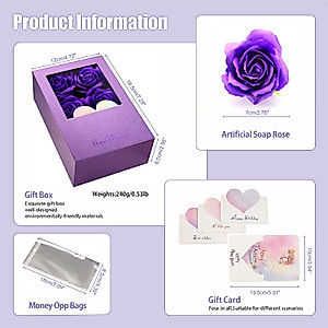 Money Box for Cash Gift Pull, Money Gift Boxes for Cash on Birthday, Christmas, Graduation, Mother's Day, for Husband, Wife, Girlfriend, Mother With Soap Rose Flower and Greeting Cards - Purple