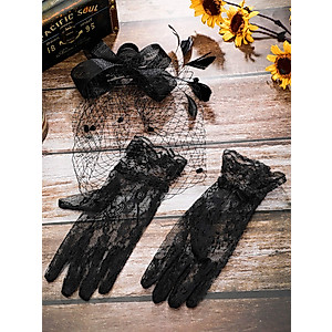 Boao Bowknot Fascinator Hat Tea Party Hat Feathers Veil Mesh Headband and Short Lace Gloves Floral Lace Gloves(Black, Adult)