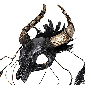 ILOVEMASKS Scary Antler Antelope Horns Wendigo Full Face Masquerade Mask for Halloween Party, Horror Adult Halloween Devil Feather Skull Skeleton Animal Wendigo Costume Headdress w/Feather Black Gold