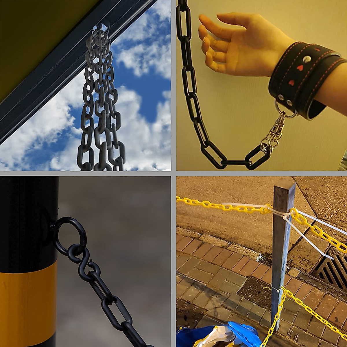 Black Plastic Chain - 50 32 65 Feet Plastic Safety Barrier Chain for Crowd Control, Parking Barrier and Delineator Post with Base - Safety Security Chain with Accessories