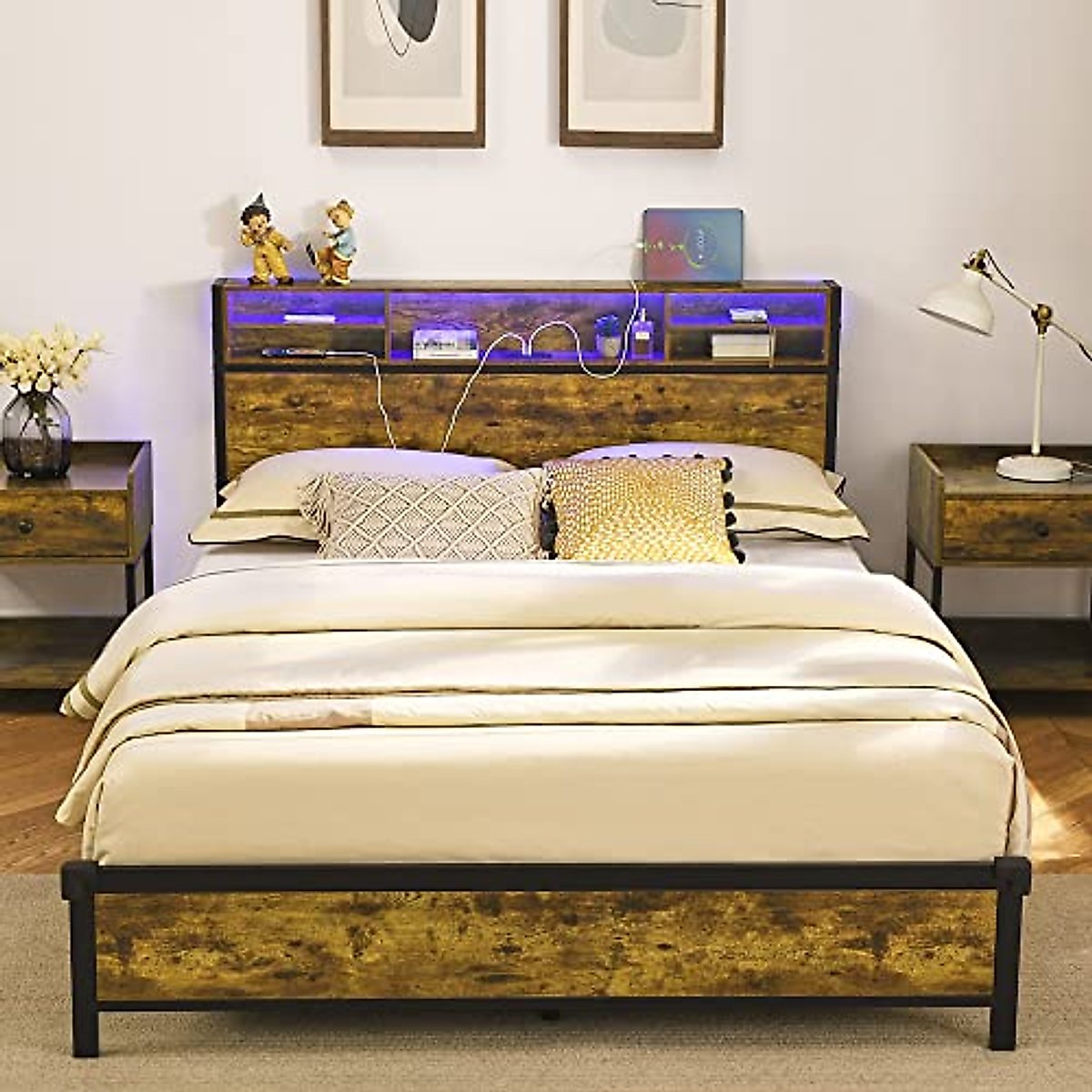 Alohappy Full Size Bed Frame with Led Bookcase Headboard and Charging Station，Metal Platform Bed Frame with RGB Light Strips, Sturdy and No Noise Easy Installation No Box Spring Needed