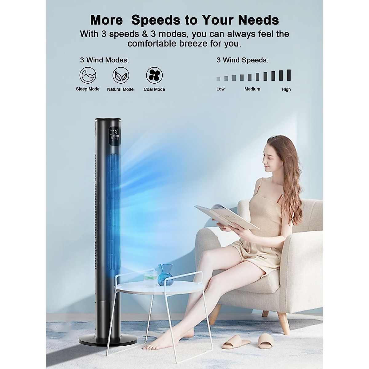 Uthfy 46" Tower Fan With Remote, 24ft/s Fan for Bedroom with 24 H Timer, 80° Oscillating Fan with 3 Speeds, 3 Modes, Portable Fans that Blow Cold Air, Standing Bladeless Fan for Room Home Office