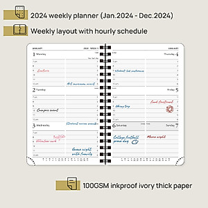 POPRUN 2024 Weekly Planner Spiral Bound - Hourly Schedule & Vertical Weekly Layout - 2024 Planner for Time Management,6.5" x 8.5"- Monthly Tabs, Pen Holder, Leather Soft Cover - Pacific Green