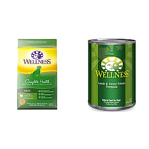 Wellness Complete Health Dry Dog Food, Lamb & Barley, 5 Pound Bag Wet Dog Food, Lamb & Sweet Potato, 12 Cans, 12.5 Ounce Can
