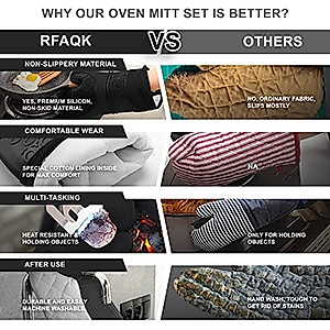 RFAQK Oven Mitts and Pot Holders Sets- Extra Long Silicone Oven Mitts, Oven Mitts Heat Resistant with Quilted Soft Liner and Mini Oven Mittens Sets for Kitchen, Baking, Grill and BBQ (Black)