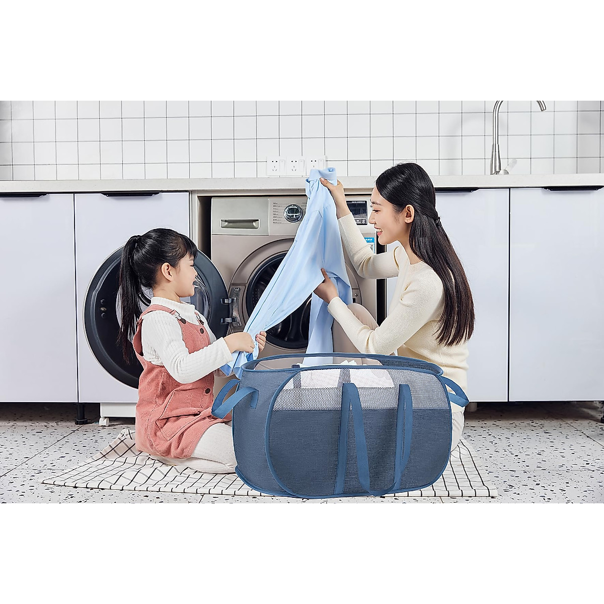 pop-up laundry basket，with Durable Handles collapsible Mesh laundry Hamper,Easy to Open and Fold,Premium Cationic Fabric… (Cationic blue+blue)