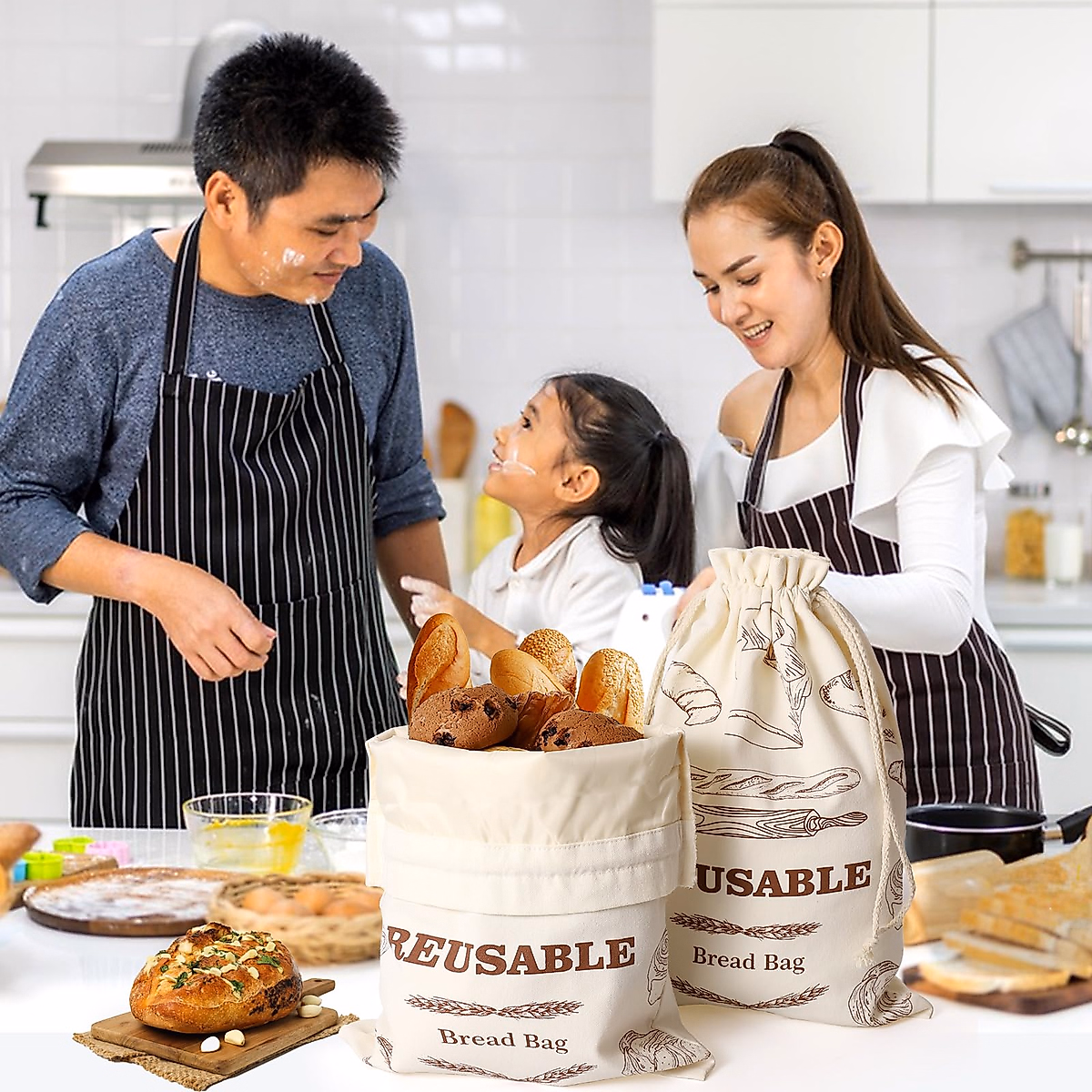 Bread Bags for Homemade Bread, 2 Pack Reusable Bread Bags, Linen Bread Bag with Plastic Liner for Sourdough & Bread Storage