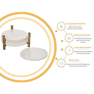 Queenza Marble Coasters for Drinks, Set of 6 Coasters with Holder, Pearl White Marble Coasters 3.5 Inch Wide 5 mm Thick Gold Coasters For Drinks, Both Side Polish For Scratch Free Surface Coaster Set