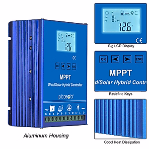 PIKASOLA 1400W Off Grid with Unloader Hybrid Wind Solar Controller Auto 12/24V Battery MPPT Charge Boost Float of max 800w Wind Turbine Generator 600w Solar Panel Home Street Light Controller