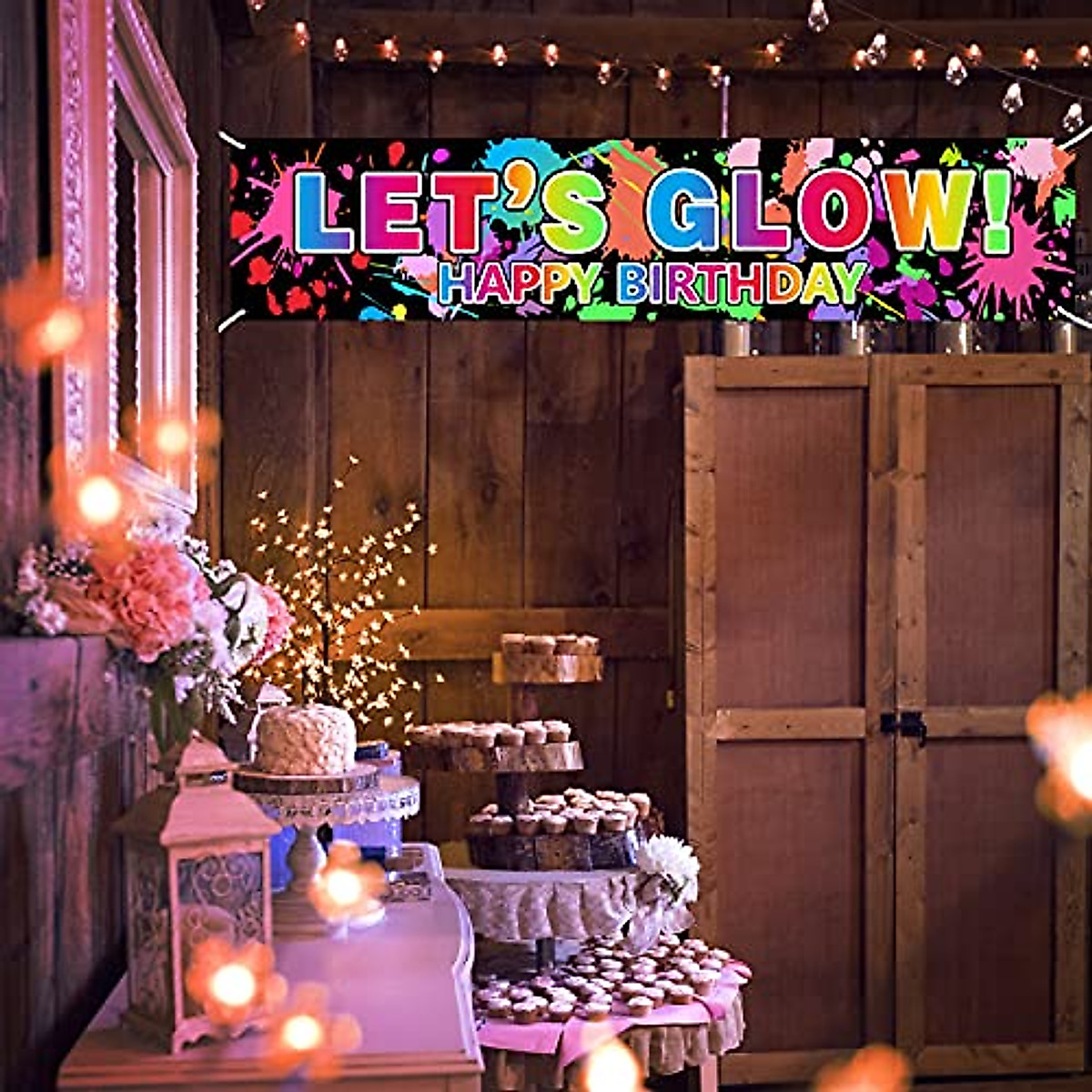 Glow Neon Birthday Party Decorations Supplies, Lets Glow & Happy Birthday Banner Yard Sign Supplies, Glow Theme Party Decor Photo Booth Props for Indoor Outdoor