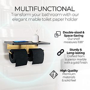 Toilet Paper Holder with Shelf (Natural Black Marble & Gold) - Wall Mounted Toilet Paper Storage, Easy to Install
