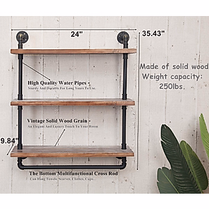 DOFURNILIM Industrial Retro Wall Mounted Iron Water Pipe Shelf - Hung Bracket - DIY Storage Shelving Bookshelf - Wood Shelf (Floating shelves-24“W)
