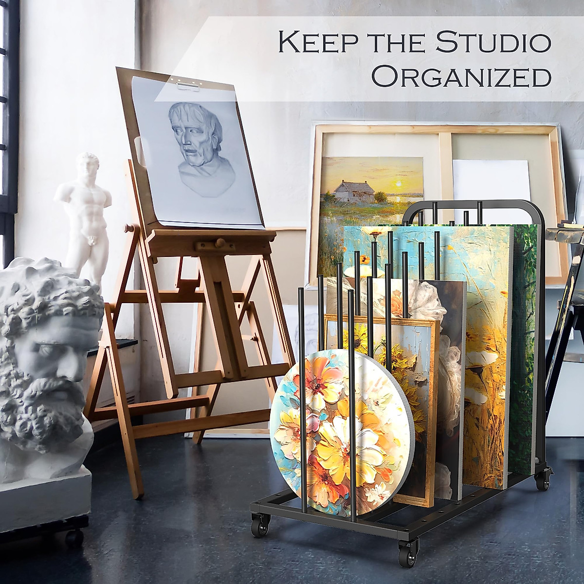 Gtouse Art Canvas Storage Rack with Wheels, Art Drying Painting Rack, Art Storage Easel Display Stands for Drawing Board, Panel, Paper Pad for Art Studios, Artworks, Gallery