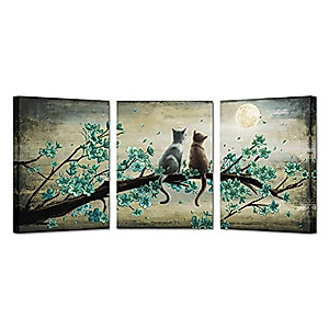 Vintage Canvas Wall Art Animal Resting 2 Cats Look at The Moon 12x16inch Wall Pictures Giclee bathroom Wall Decor on Canvas Stretched Artwork Living Room Bedroom Ready to Hang Each Size 12x16inch (Small)