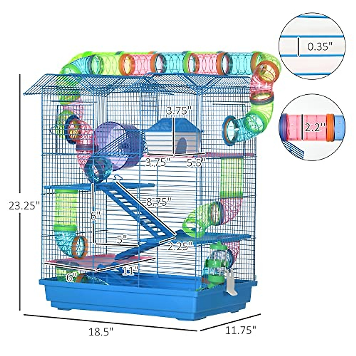 PawHut 18.5" 5 Tier Hamster Cage with Tubes and Tunnels, Small Animal Cage, Rat Gerbil Cage with Water Bottle, Food Dish, Exercise Wheel, Blue