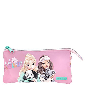 Depesche TOPModel Wild 12792 Fan Pencil Case in Pink with Model Motif and Colourful Animal Pattern, Pencil Case with 3 Zip Compartments
