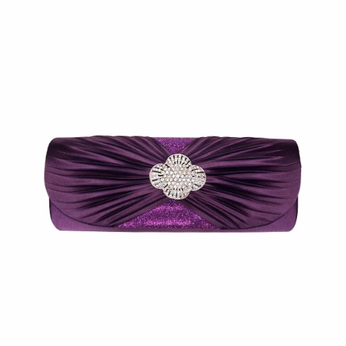 Elegant Cross Pleated Satin Flap Crystal Clutch Evening Bag, Purple
