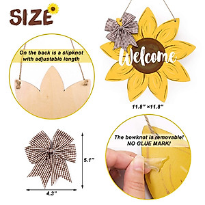 Sunflower Welcome Wood Door Hanger 12 Inch Large Wooden Flower Sign Inspirational Wall Porch Art Spring Summer Fall Front Door Wreath Hanging for Bedroom Living Room Indoor Outdoor Kitchen Home Decor