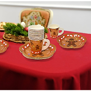 Gift Boutique 24 Disposable Christmas Gingerbread Party Cup 7 Oz 24 & 7" Paper Scallop Shaped Saucer Plates Set with Handle for Tea Hot Cocoa Chocolate Coffee Mugs Holiday Xmas Table Dinnerware Suppy