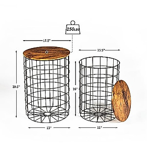 Jolydale Nesting End Table with Storage, Side Tables Wire Basket Table with Lid, Round End Table with Removeable Top and Steel Frame for Living Room, Bedroom, Office, (Brown)