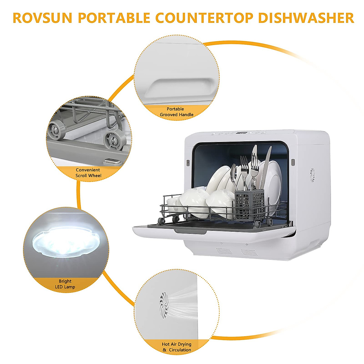 ROVSUN Portable Countertop Dishwasher, Mini Dishwasher with 5 Washing Programs, 5L Built-in Water Tank, 360° Spray Arms, Air-Dry Function & Fruit Cleaning for Apartments, Dorms and RVs (White)