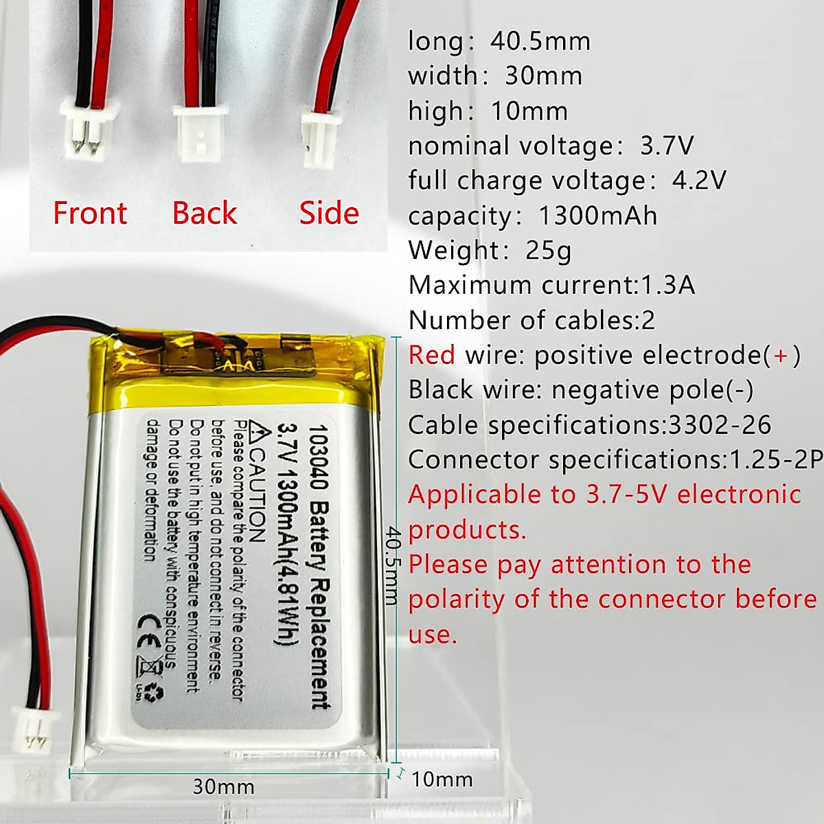 HXJNLDC DC 3.7V 1300mAh 103040 Rechargeable Lithium Polymer Replacement Battery for DIY 3.7-5V Electronic Product