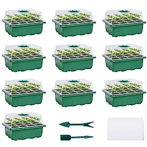 Seed Starter Trays, 12 Cells x 10 Packs Humidity Adjustable Plant Grow Kit with Dome and Base for Greenhouse & Gardens(120 Cells Total Tray)