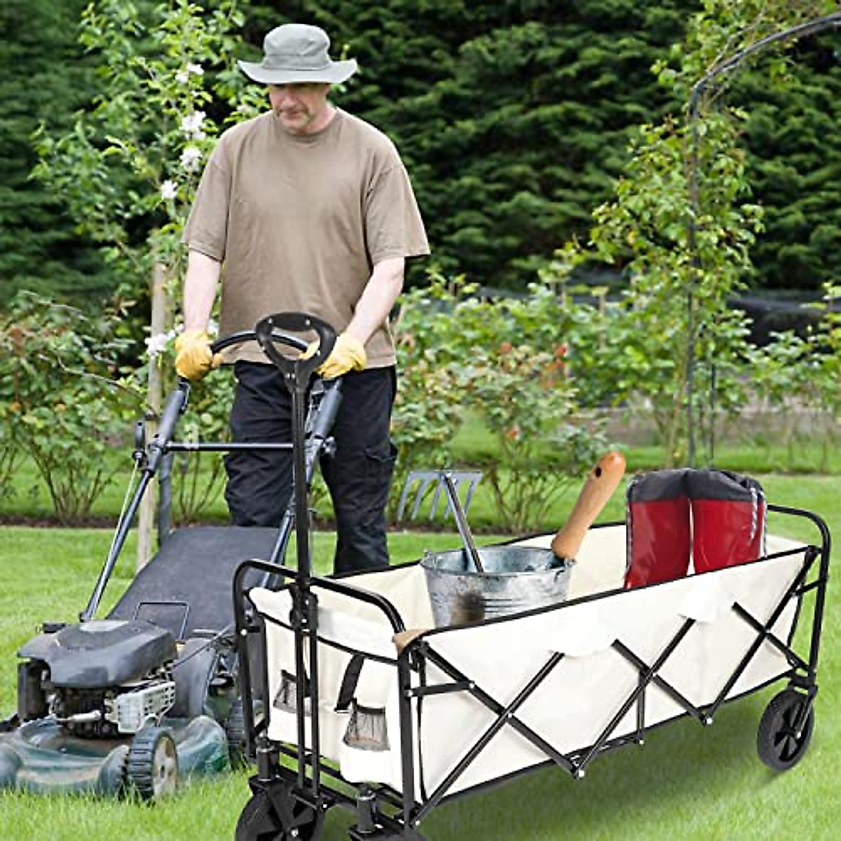 DYD Extended Folding Utility Wagon, 330LBS Heavy Loaded Collapsible Garden Cart with Anti-Slip Wheels, Adjustable Handle and Side Pockets, Large, White, Picnic, Beach, Camping, X-Large