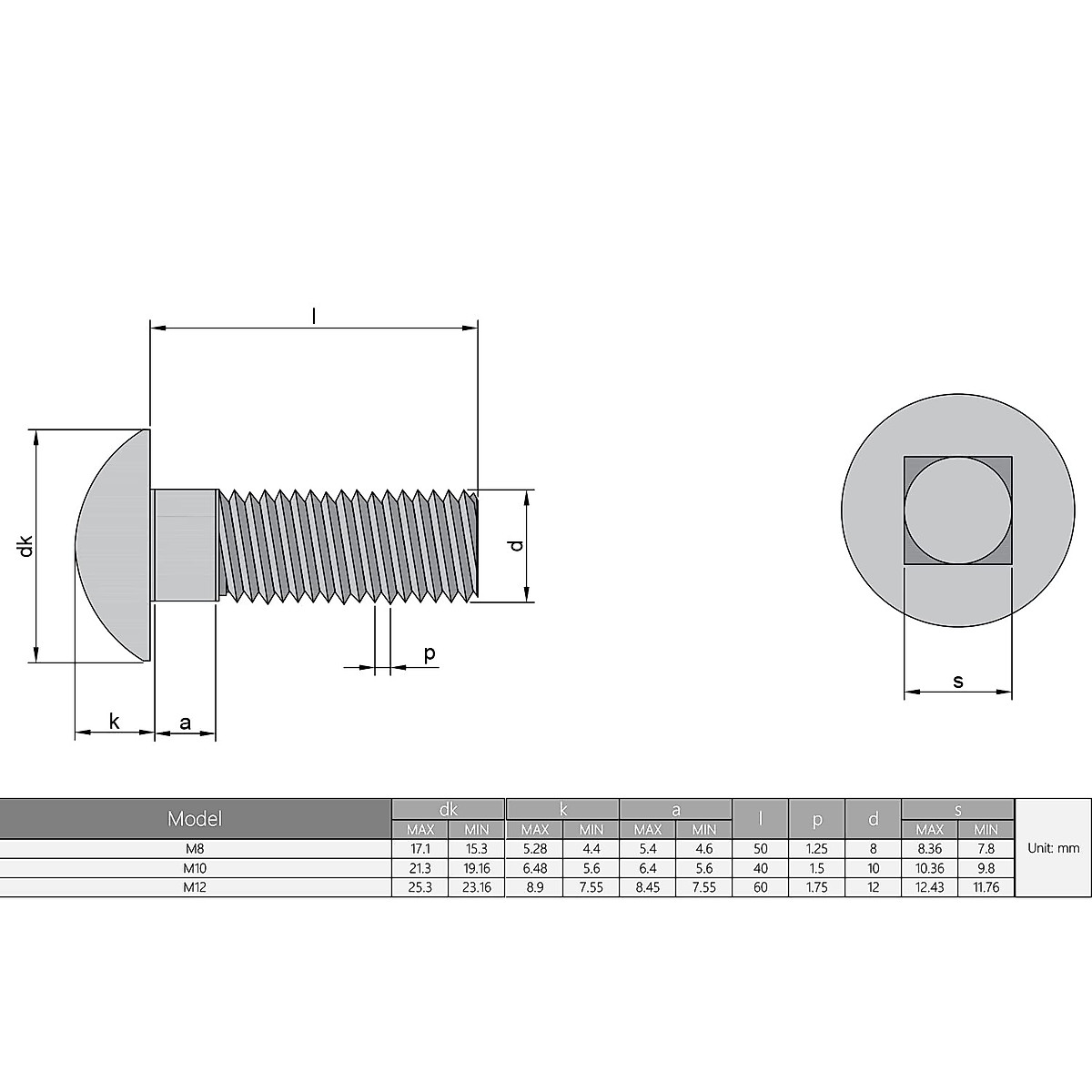 Yinpecly 5Pcs M12×80mm 1.75mm Pitch Length 304 Stainless Steel Round Domed Head Square Neck Carriage Bolts Silver Tone