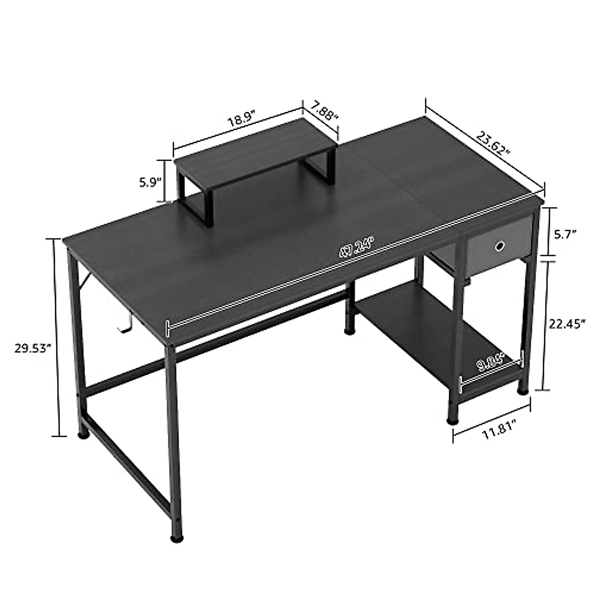 VERMESS Computer Desk with Drawer and Monitor Stand,47 Inch Study Writing Desks for Home Office,Industrial Simple Style Wood Table for PC Laptop Notebook,Black