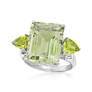 Ross-Simons 11.00 Carat Emerald-Cut Prasiolite and 1.40 ct. t.w. Peridot Ring in Sterling Silver. Size 5
