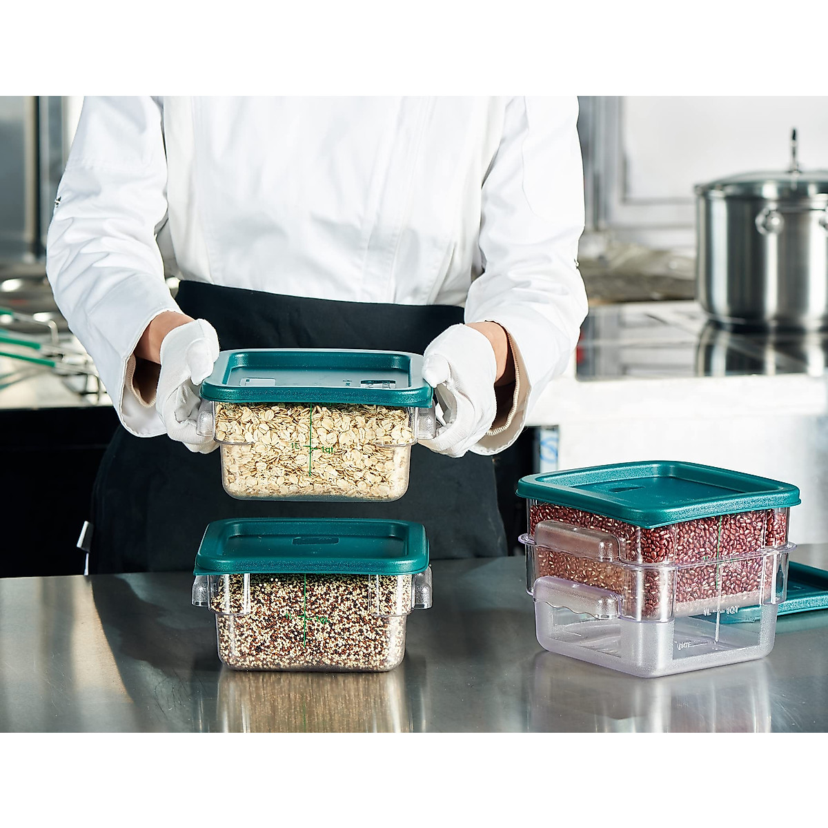 CURTA 4 Pack Food Storage Container with Green Lid - NSF Listed Commercial Grade in 2.0 Qt - Square, Clear, Polycarbonate