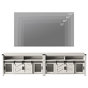 WAMPAT TV Stand for 100+ Inch TVs, Set of 2 Tall Highboy Farmhouse Entertainment Center w/Mesh & Sliding Barn Doors, Extra Wide Wood Media Console w/Adjustable Shelf & Blue LED Lights, Antique White