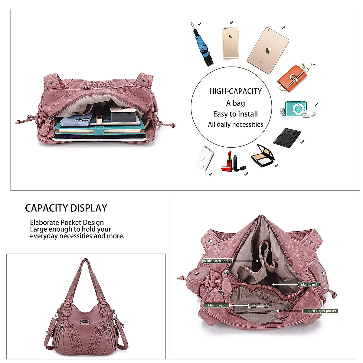 Purses and Handbags Women Fashion Tote Bag Shoulder Bags Top Handle Satchel Purses Washed Synthetic Leather Handbag… 1-1#d.pink 13.8 * 4.7 * 11.8 inches