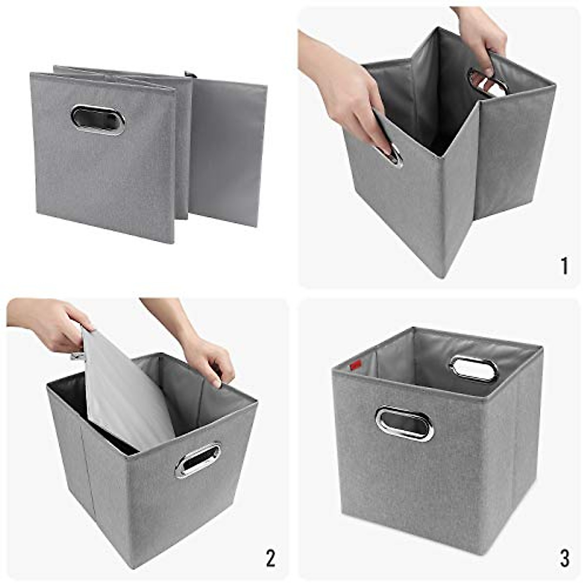 YOOFAN 11x11x11 Foldable Storage Bins -Storage Cube Boxes with Metal Handles for Closet Shelves Cube Organizer, Grey, Set of 3
