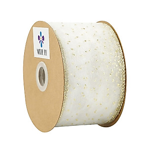 MEEDEE White Gold Wired Ribbon - 2.5 Inch Glitter Polka Dot Christmas Ribbon, 25 Yards for Tree, Wreath, Bow Making