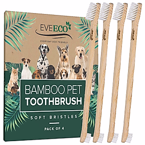 EveEco 4-Pack Bamboo Dog & Pet Toothbrushes - 2 Brush Heads Large & Small with Extra Long 8.5" Use with Toothpaste to Eliminate Cavities, Bad Breath, Tartar for Puppies, Cats, Kittens