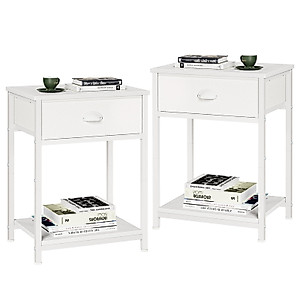 Furologee White Nightstands Set of 2, End Table with Fabric Drawer, Small Side Table for Small Spaces, 2 Tiers Storage Shelves End Table, Bedside Table for Living Room, Bedroom, Dorm