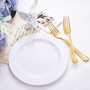 WELLIFE 200 Pieces White Plastic Dessert Plates with Gold Disposable Forks, Premium Hard Plastic Dessert Plates 7.5”, Appetizer Plastic Plates for Christmas, Wedding, Party