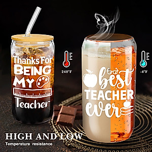 Pinkunn 12 Set Teacher Cup Appreciation Gifts Bulk for Women Glass Cups 16oz Can Shaped Beer Glass with Lids Straws Brushes Teacher Birthday Gifts(Colorful)
