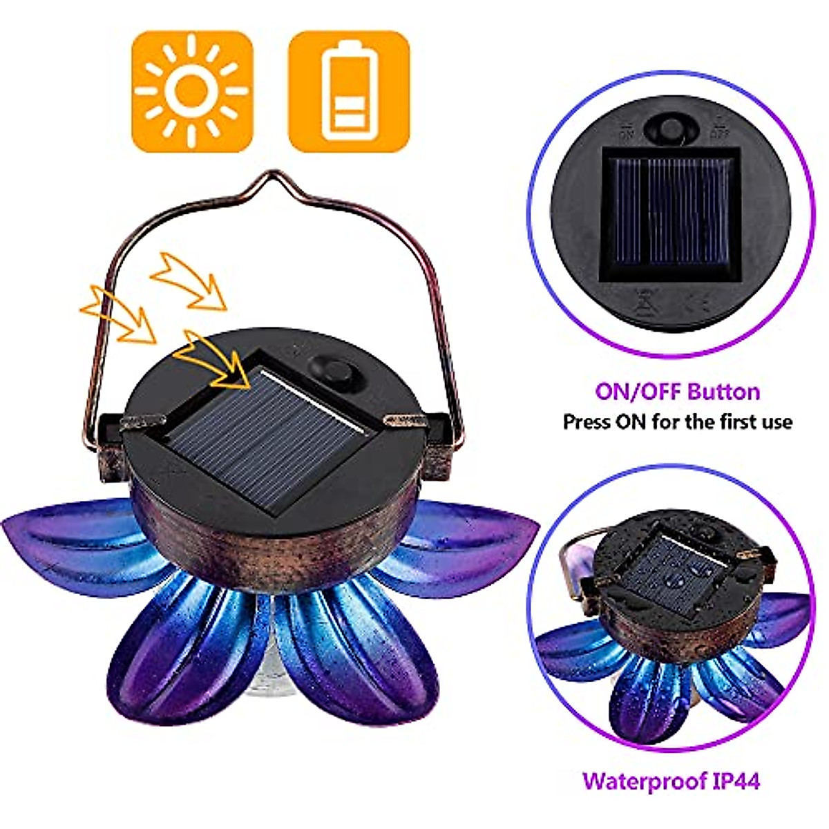 MAGGIFT Solar Powered Bird Bath for Outdoor Hanging, Wild Bird Feeder Glass Flower Seed Tray Outside, Waterproof Birdfeeders Solar Garden Crackle Glass Ball Light Warm White LED Landscape Lighting