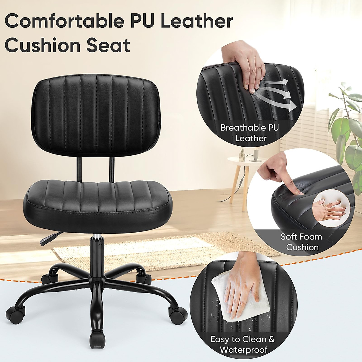 DUMOS Armless Home Office Desk Chair -Small Ergonomic with Low Back Lumbar Support, Height Adjustable PU Leather Computer Task with 360° Swivel Rolling Wheels, for Small Space, Black