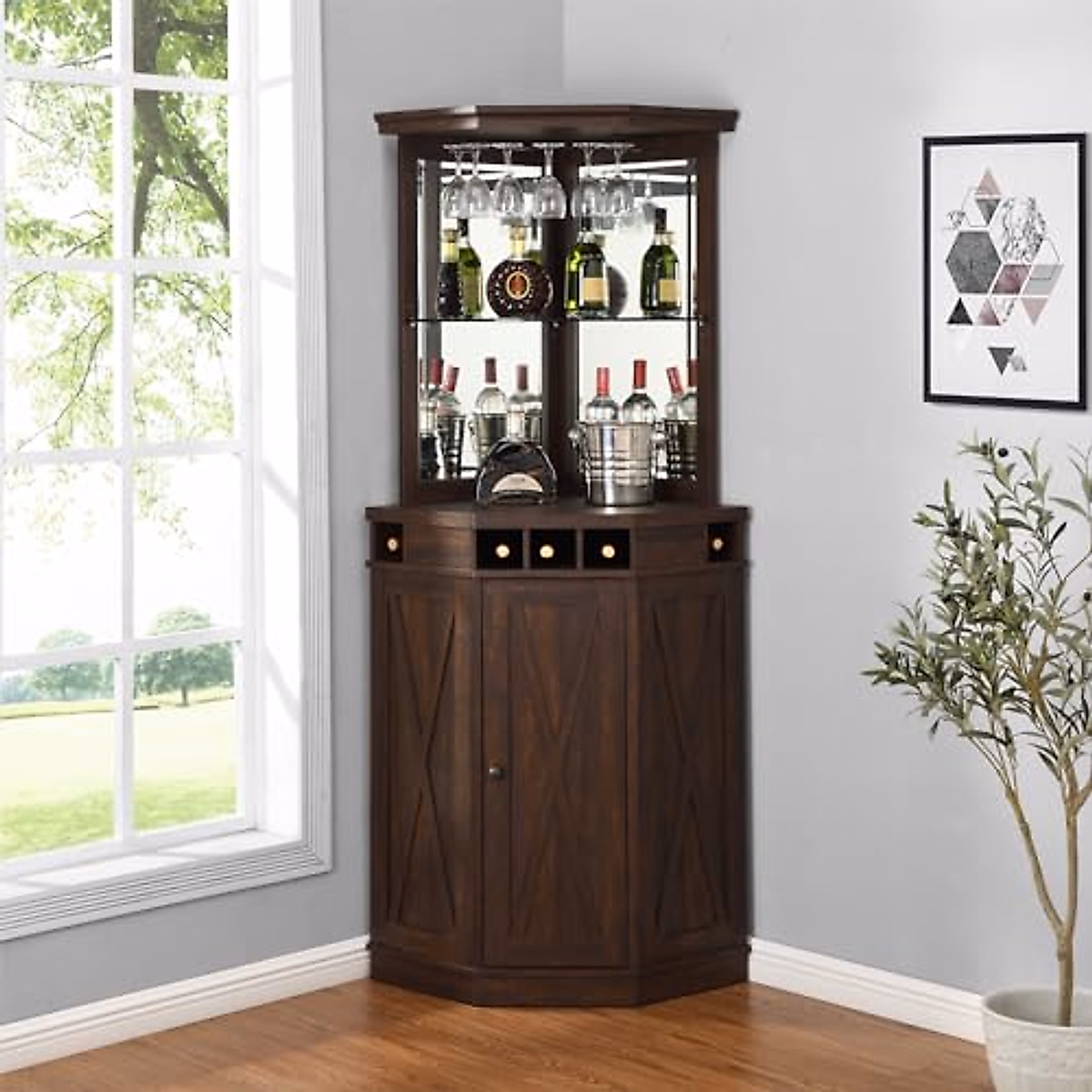 Home Source 73" Tall Corner Storage Cabinet with Wood Doors, Wine Rack, Liquor Glass Holder, Glass Design Large Rustic Bar Hutch for Living Room, Home Office, Kitchen, Small Space, Mahogany