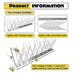 REMIAWY Bird Spikes for Pigeons Small Birds Cat, 15 Feet Anti Bird Spikes Stainless Steel Bird Deterrent Spikes 14 Strips